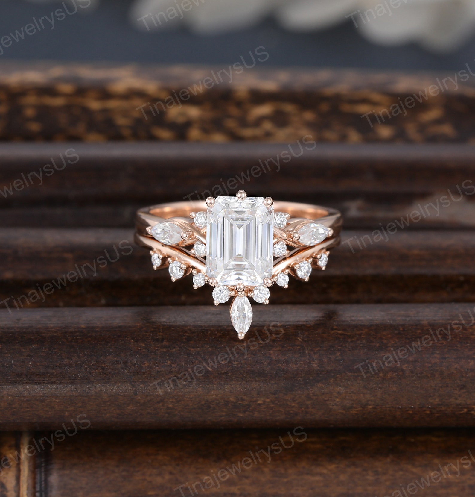 Emerald Cut Engagement Ring Set Unique Rose Gold Engagement - Etsy