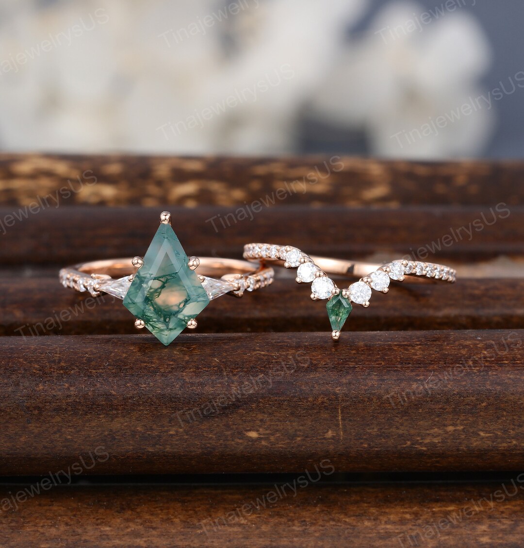 Vintage Kite Moss Agate Engagement Ring Set Rose Gold Half Eternity ...
