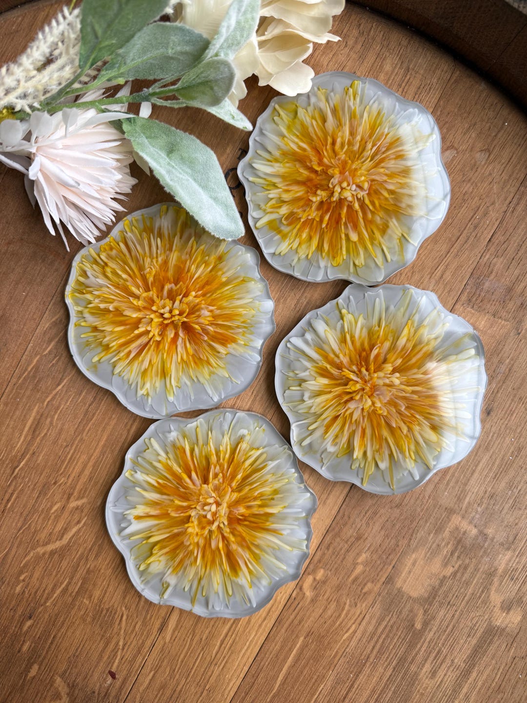 Yellow Resin Blooms on Gray Geode Resin Coasters, Set of 4, Drink ...