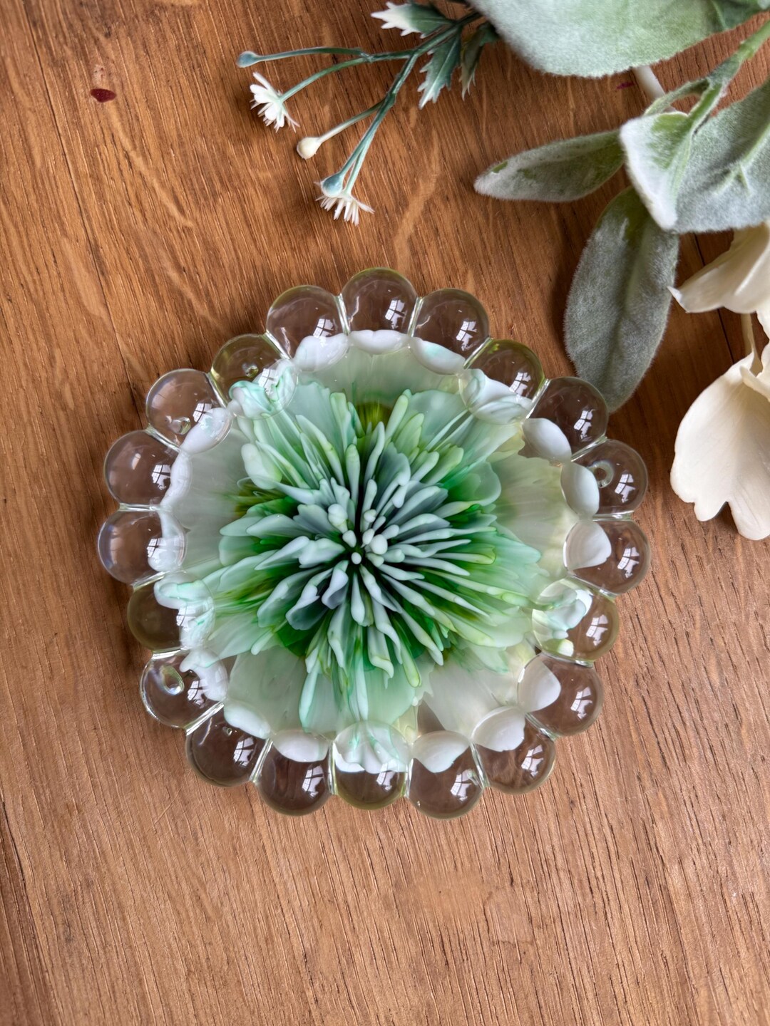 Blooming Bubble Edge Coasters, Green Resin Peony, SINGLE, Drink Coaster, Candle Coaster, Trinket ...