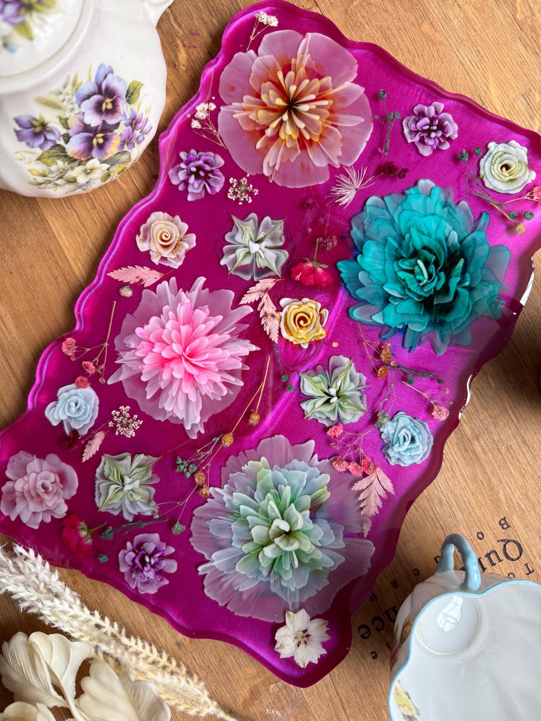 Floral Resin Serving Tray: Fuschia Geode Edge, Dried Flowers ...