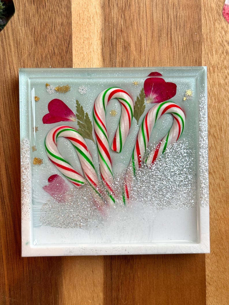 Candy Cane Winter Wonderland Resin Rimmed Single Coaster, Trinket Tray ...