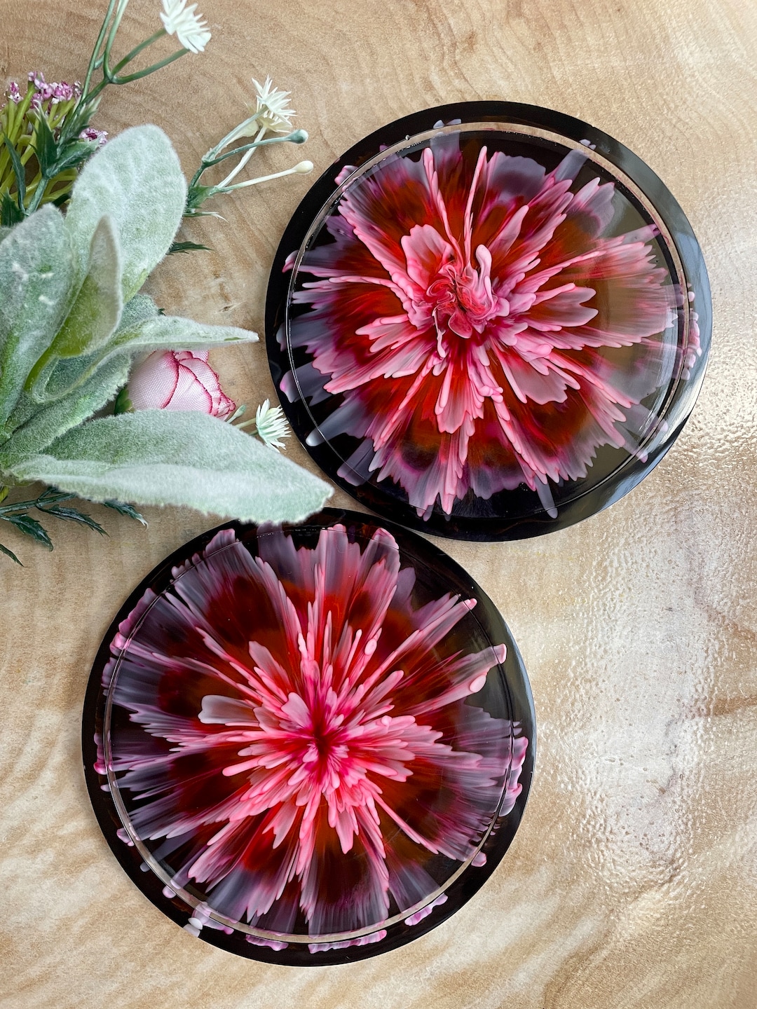 Red and Pink on Black Resin Blooms in Rimmed Coaster Set of 2, Drink ...