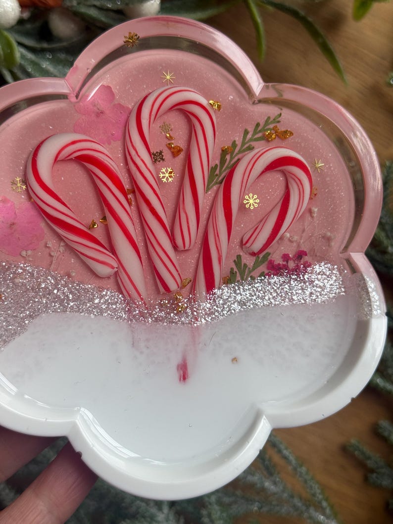 Pink Candy Cane Winter Wonderland Resin Coaster, Rim Dish, Christmas ...