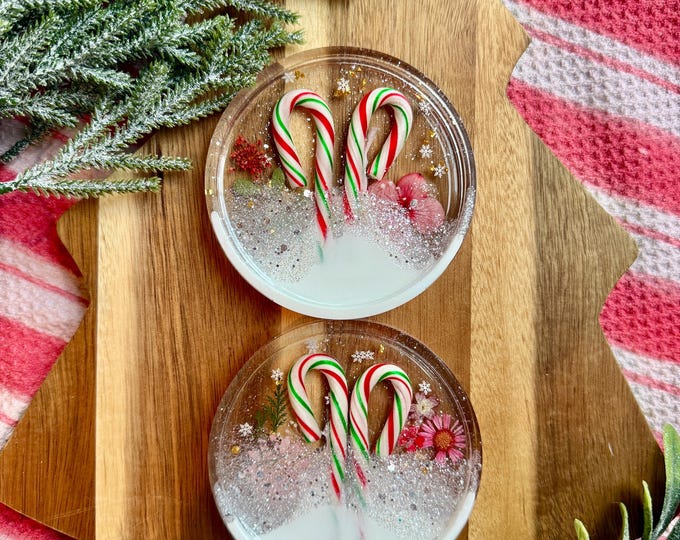 Candy Cane Winter Wonderland Resin Rimmed Set of 2 Coasters, Trinket ...