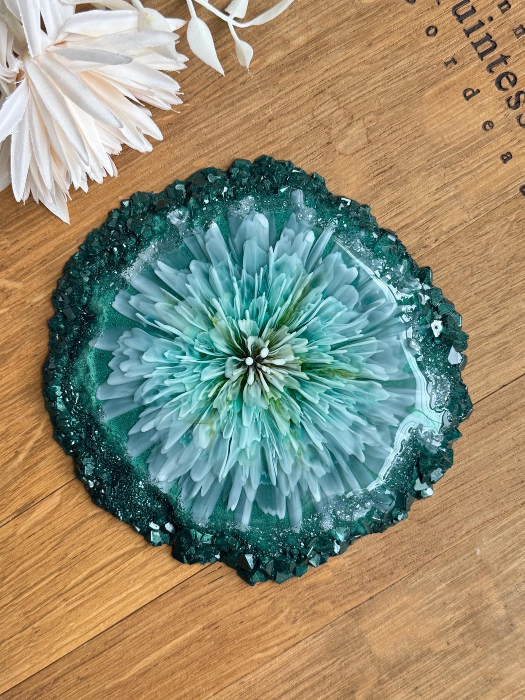 Single Crystal-edge Aqua Teal Bloom Resin Coaster / Tray , Drink ...