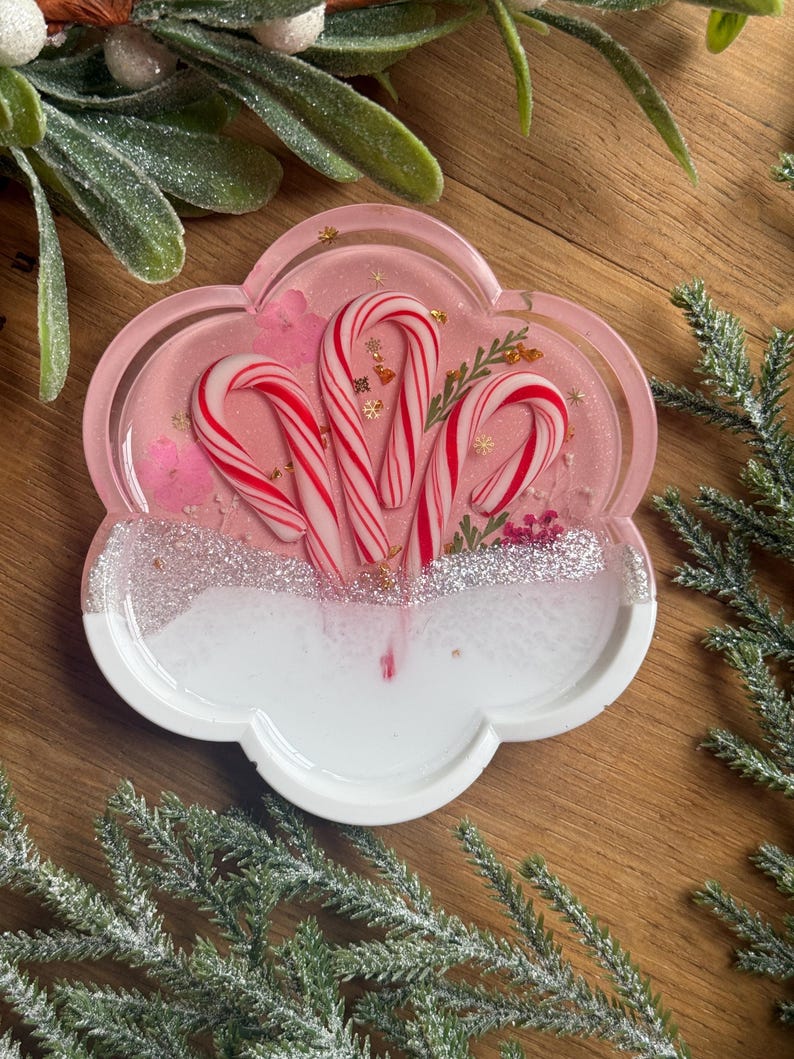 Pink Candy Cane Winter Wonderland Resin Coaster, Rim Dish, Christmas ...
