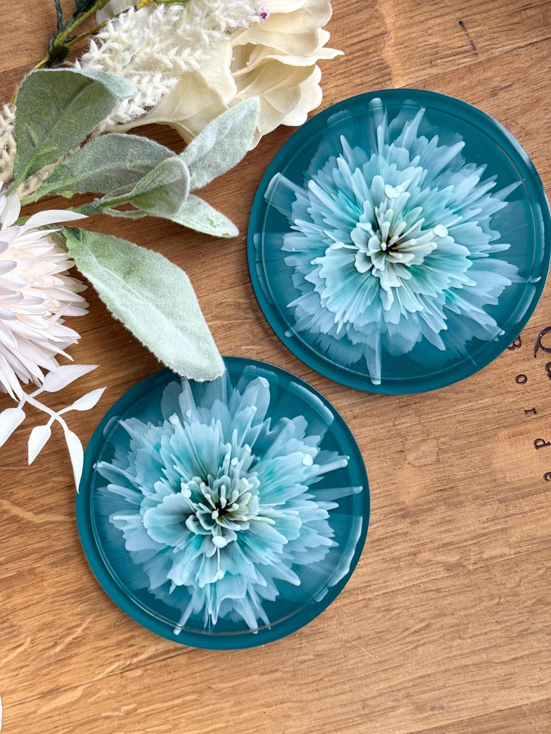 Aqua Peony Blooms on Teal Rimmed Coaster Set of 2, Drink Coaster ...