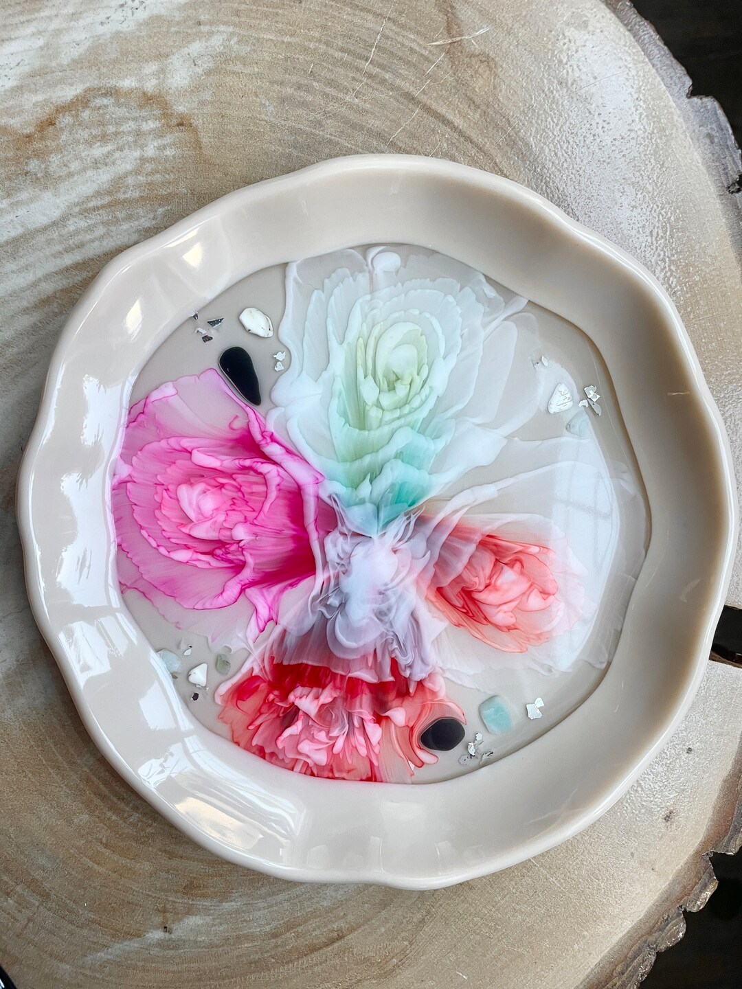 Blooms on Beige Resin Dish / Jewelry Dish, Decorative Plate, Vanity ...