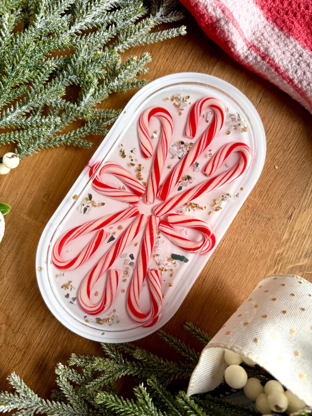 White Candy Cane Rimmed Oval Tray / Jewelry Dish, Kitchen Soap Tray ...