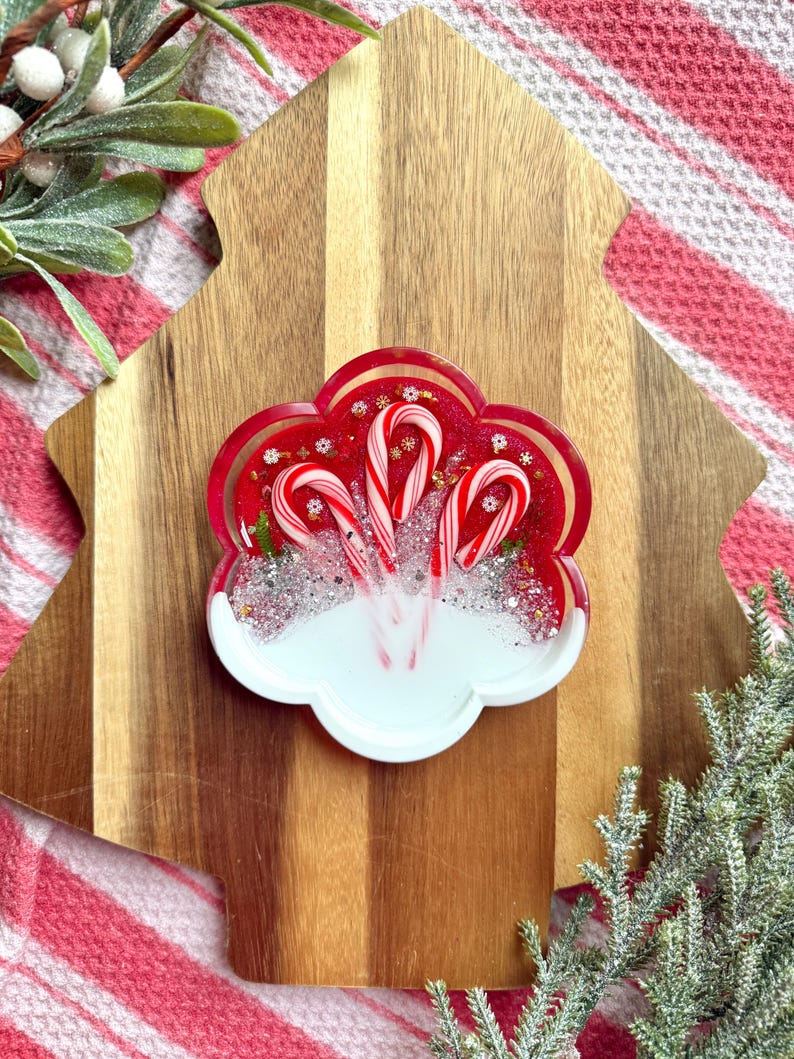Red Candy Cane Winter Wonderland Resin Coaster, Rim Dish, Christmas ...