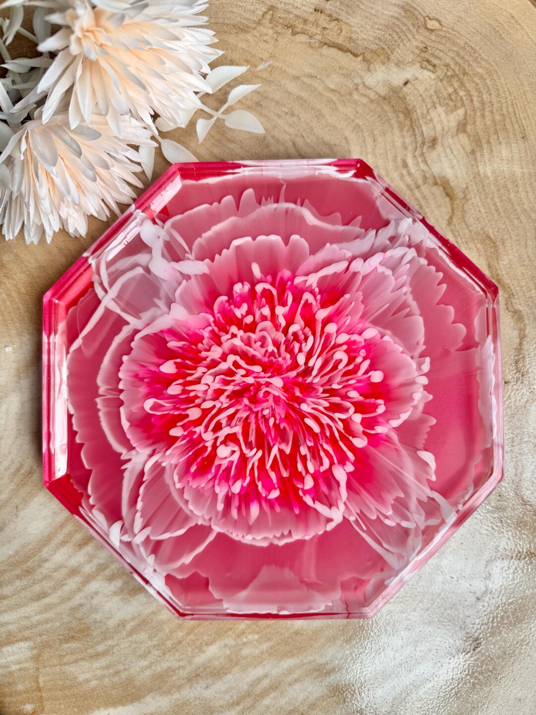 Pink Peony Bloom on Pink Octagon Resin Tray, Decorative Plate, Vanity ...