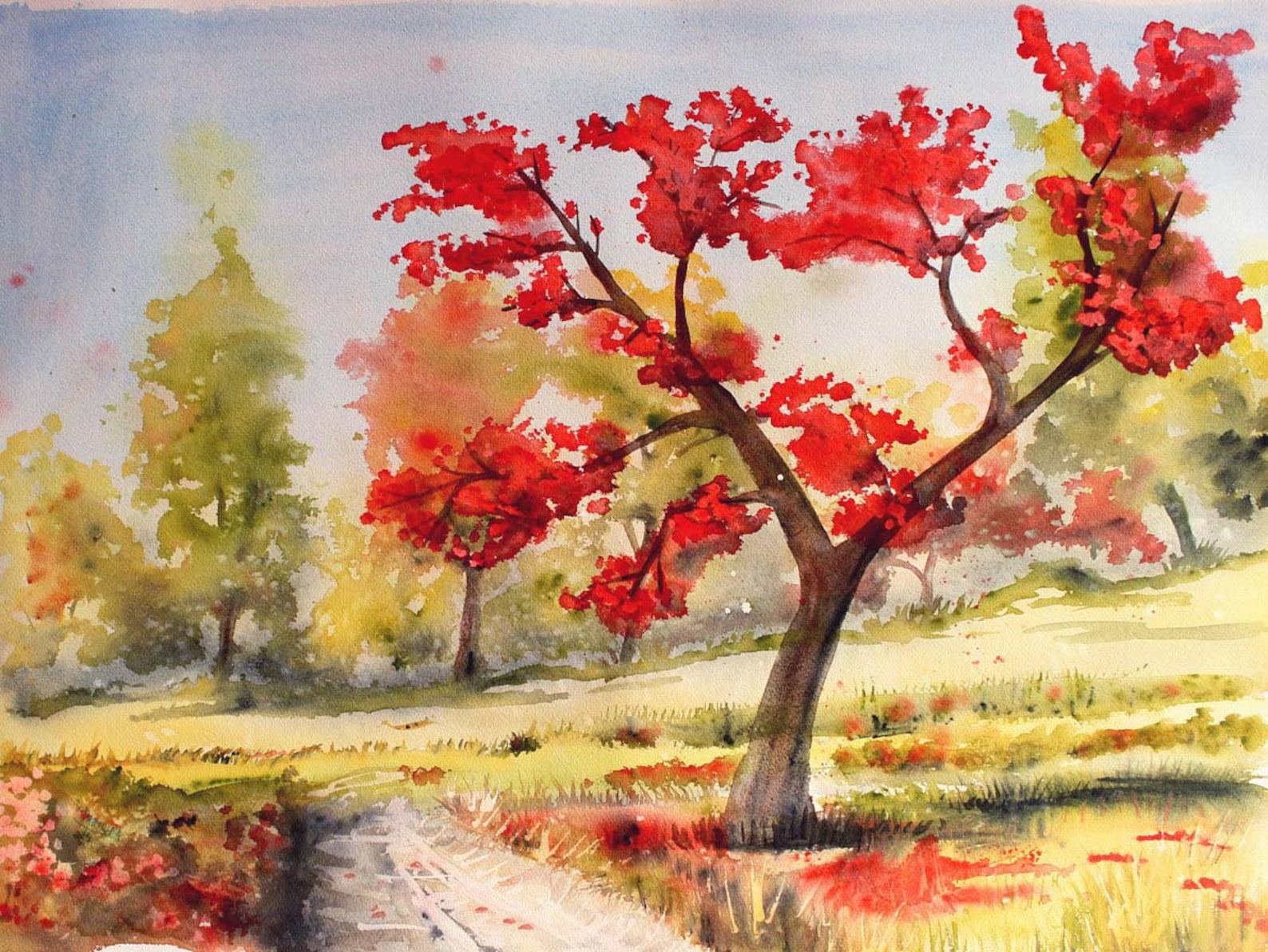 Watercolor Painting With Red Tree, Landscape, Original Watercolor ...
