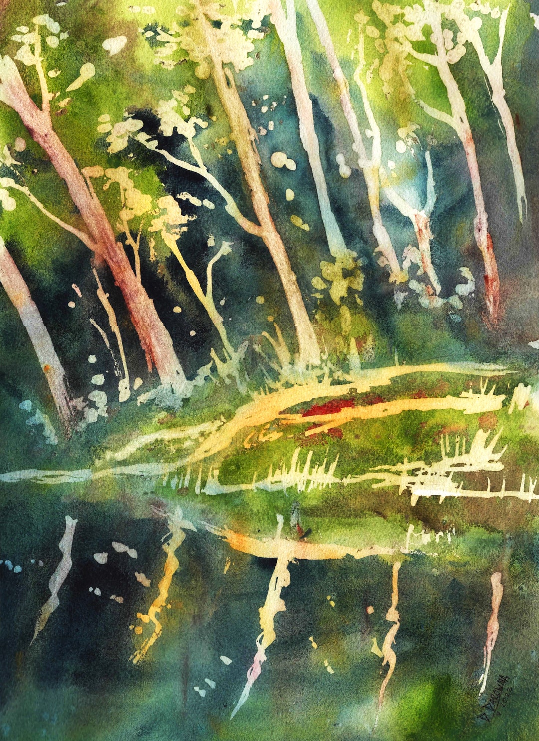 Hand Painted Watercolor Landscape Painting With Forest, Original ...