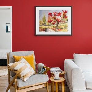 Watercolor Painting With Red Tree, Landscape, Original Watercolor ...