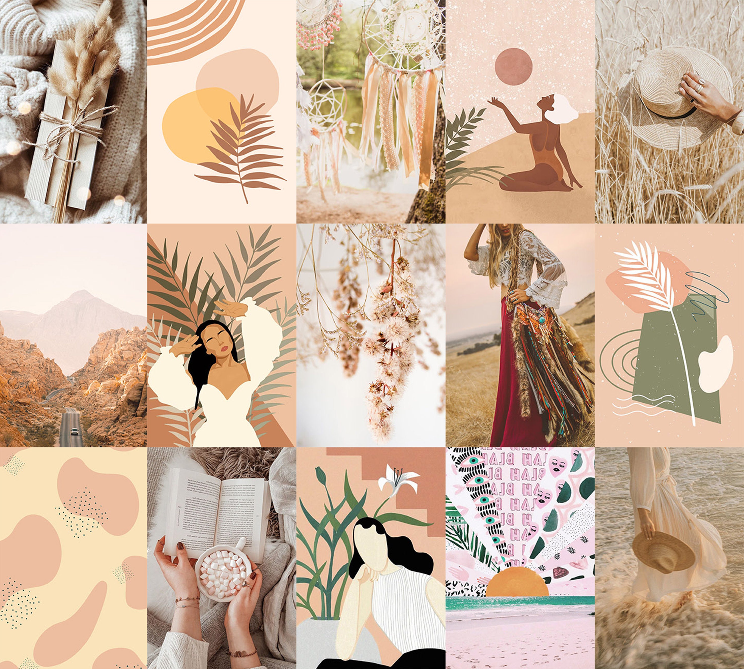 110 PCS Boho Beige Wall Collage Kit Boujee Boho Aesthetic Printable ...