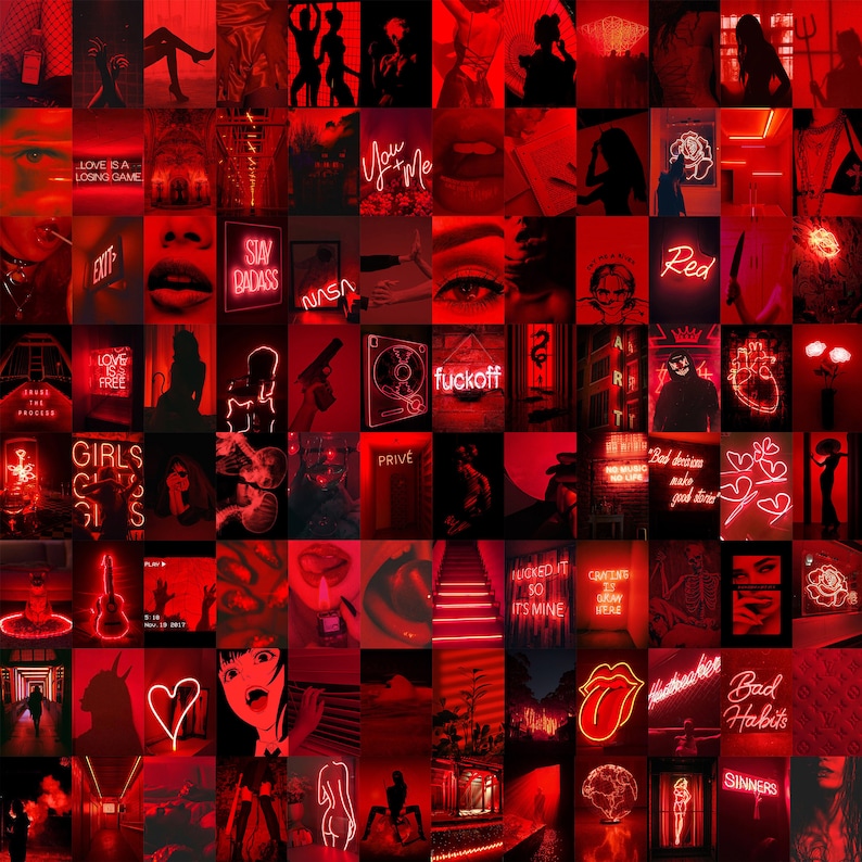 126 PCS Neon Red Wall Collage Kit | Boujee Red Neon Aesthetic Photo ...
