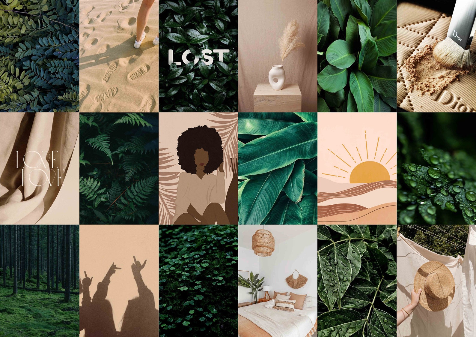 Boujee Boho Wall Collage Kit Aesthetic | Botanical Green Photo Collage ...