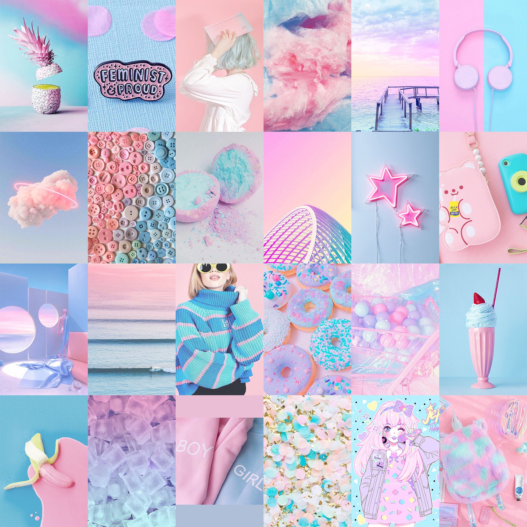 120 PCS Pastel Wall Collage Kit | Blue and Pink Aesthetic Photo Collage ...