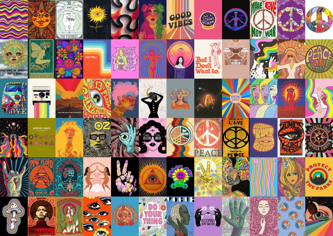 Retro Hippie Aesthetic Photo Collage Kit | Indie Wall Decor (207 PCS ...