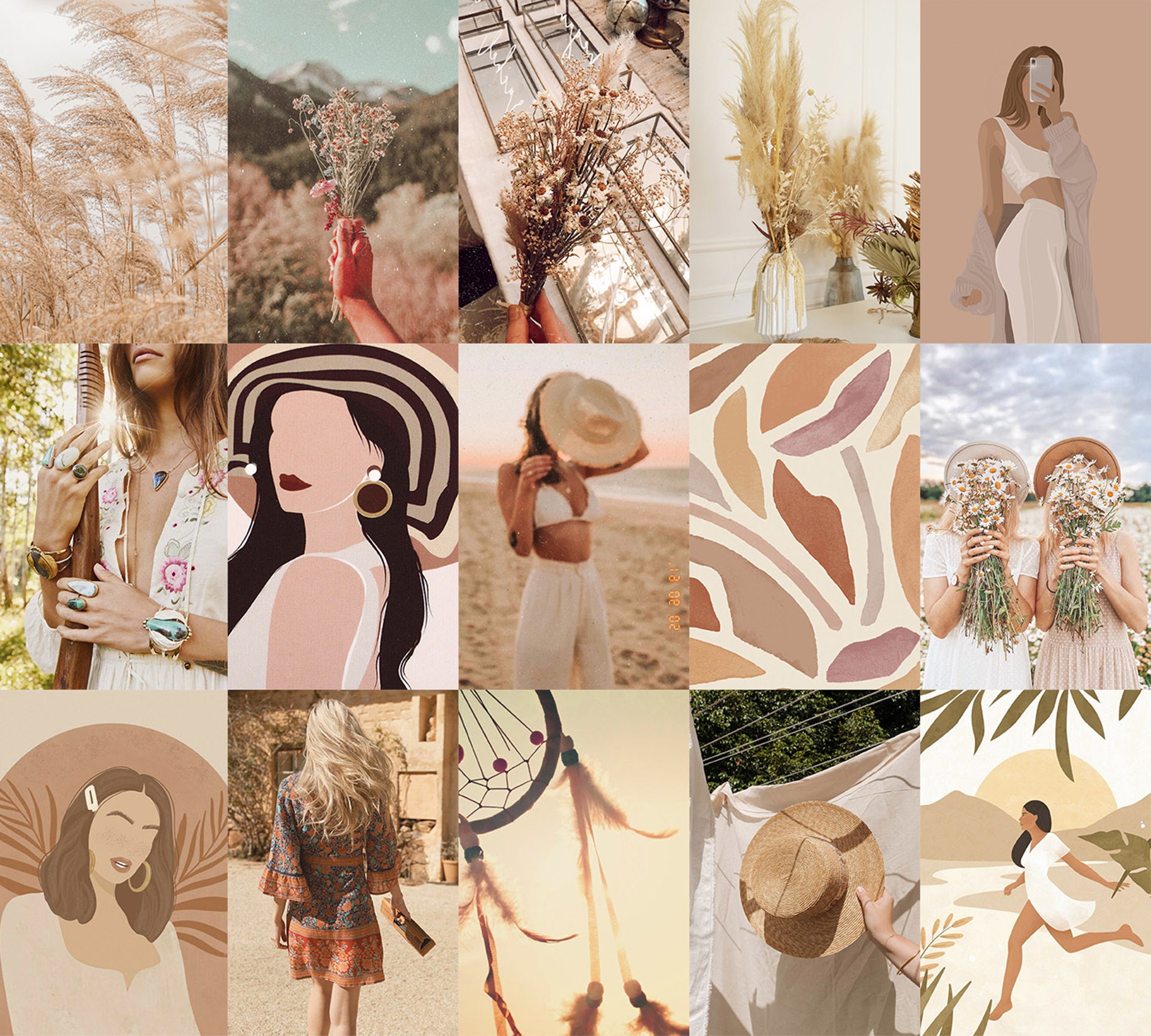 110 PCS Boho Beige Wall Collage Kit Boujee Boho Aesthetic Printable ...