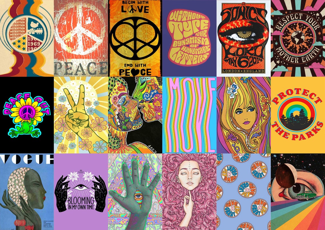 Retro Hippie Aesthetic Photo Collage Kit | Indie Wall Decor (207 PCS ...