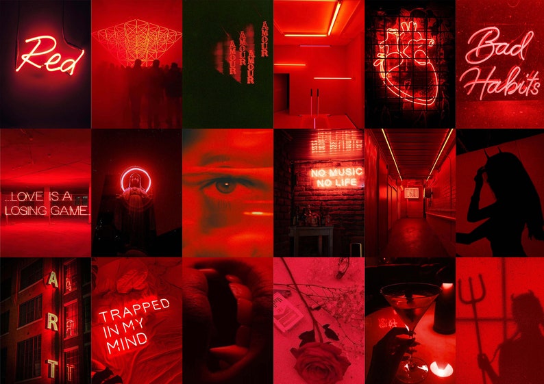 Red Aesthetic Collage Wall Kit | Neon Red Collages Printable Wall Decor ...