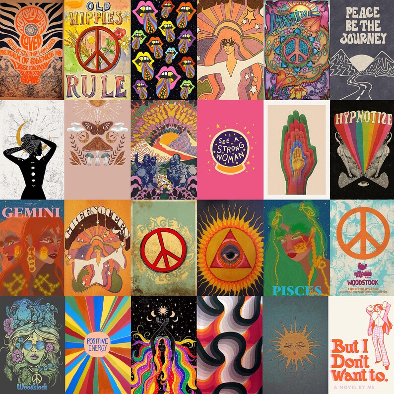 202 PCS Vintage Hippie Wall Collage Kit Retro Hippie Aesthetic Photo ...