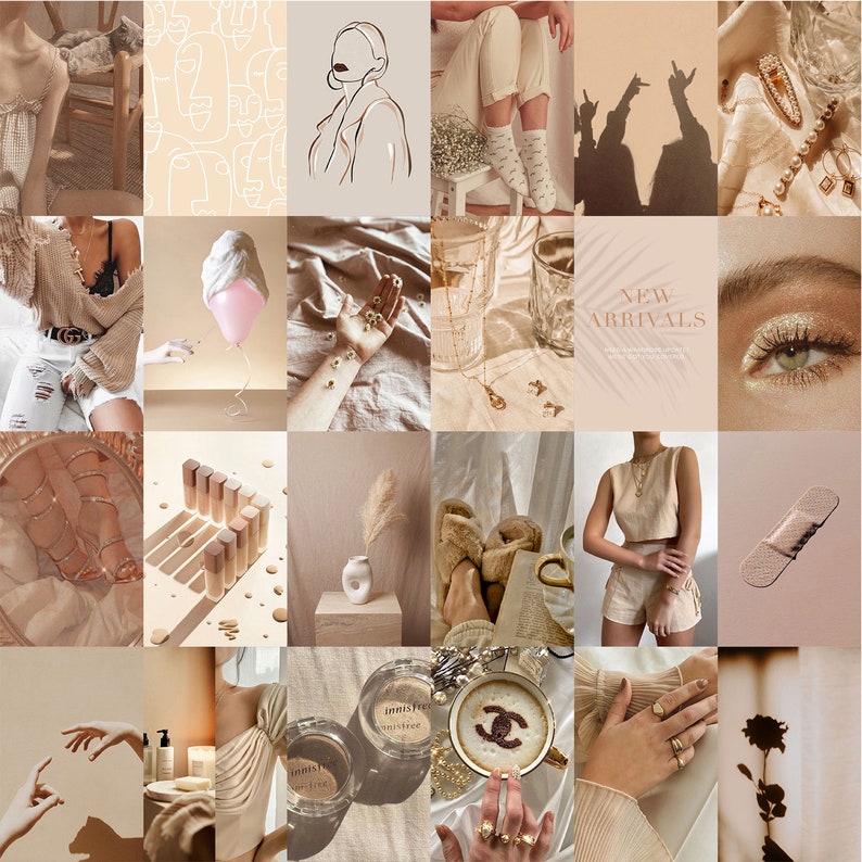 140 Pcs Neutral Cream Beige Wall Collage Kit Boujee Boho Aesthetic