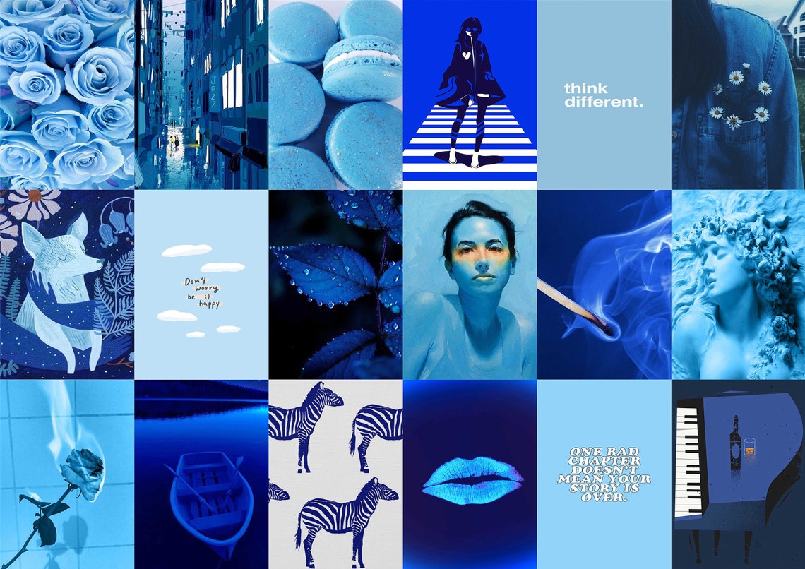 Blue Wall Collage Kit Blue Aesthetic Photo Collage Boujee Blue Room