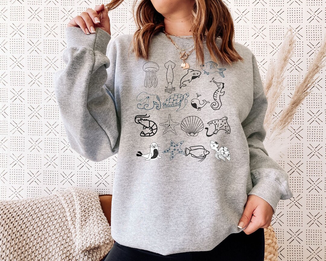 Sea Animals Sweatshirt, Ocean Creature Lovers Longsleeve Crewneck ...