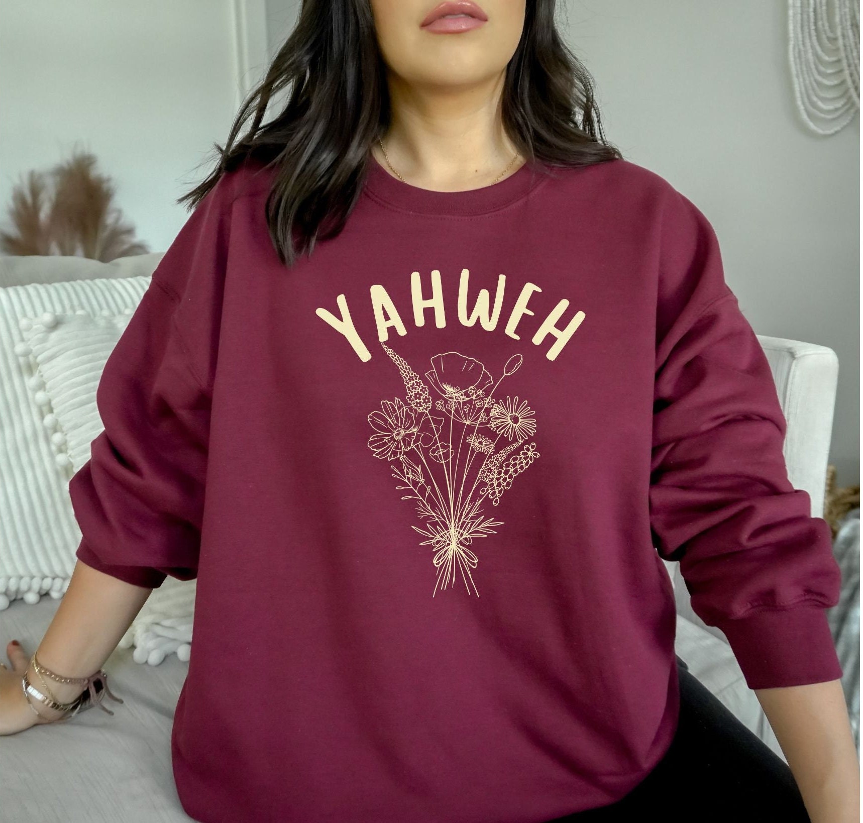 Wildflower Bouquet Yahweh Sweatshirt, Jesus Hebrew Name Crewneck, Christian Sweatshirt, Faith ...