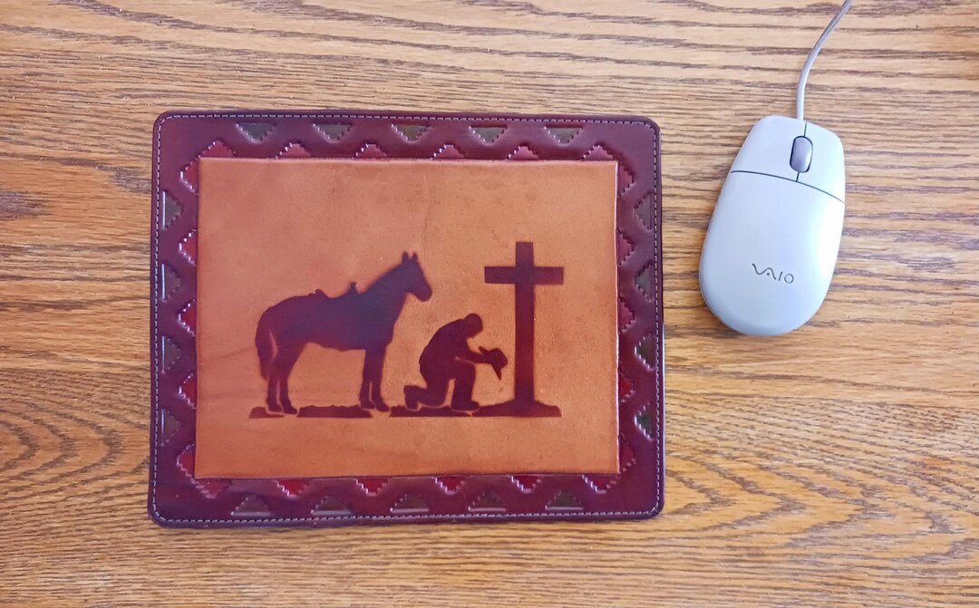 Leather Mouse Pad, Cowboy Kneeling at the Cross, Tooled Mousepad ...