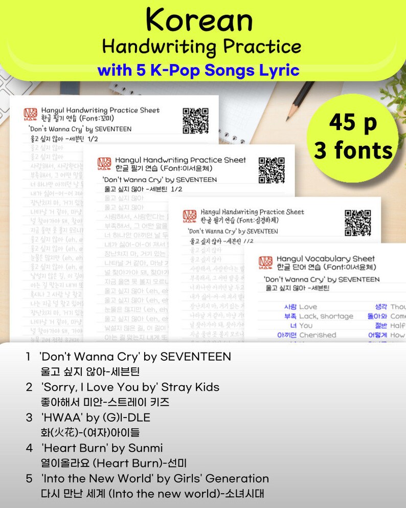 5 K-POP Songs Lyrics / Neat Korean Handwriting Practice Sheets ...
