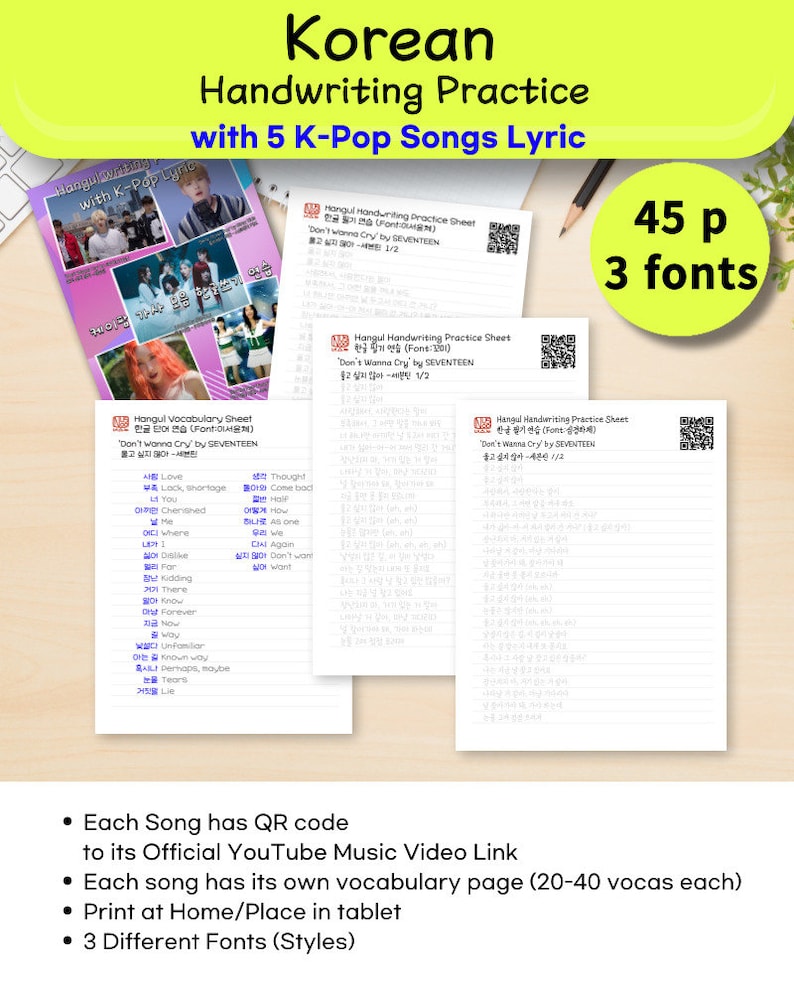 5 K-POP Songs Lyrics / Neat Korean Handwriting Practice Sheets ...