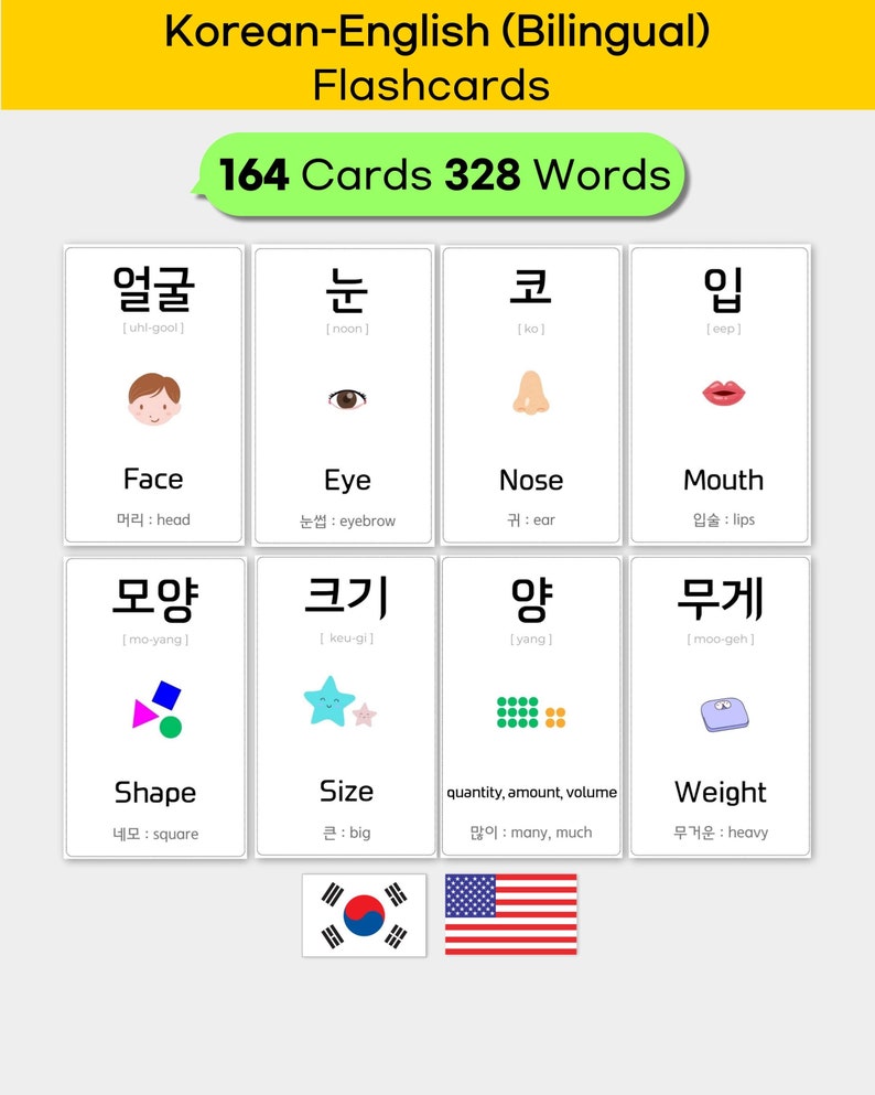 Korean -english Flashcards for All Ages (bilingual) 328 Words/printable ...
