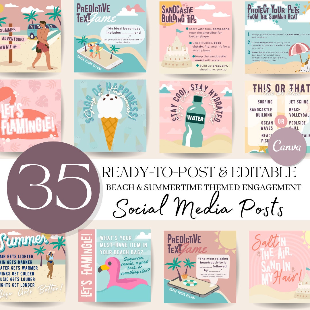 Beach Social Media Posts: Summer Engagement Templates (canva, 36) - Etsy