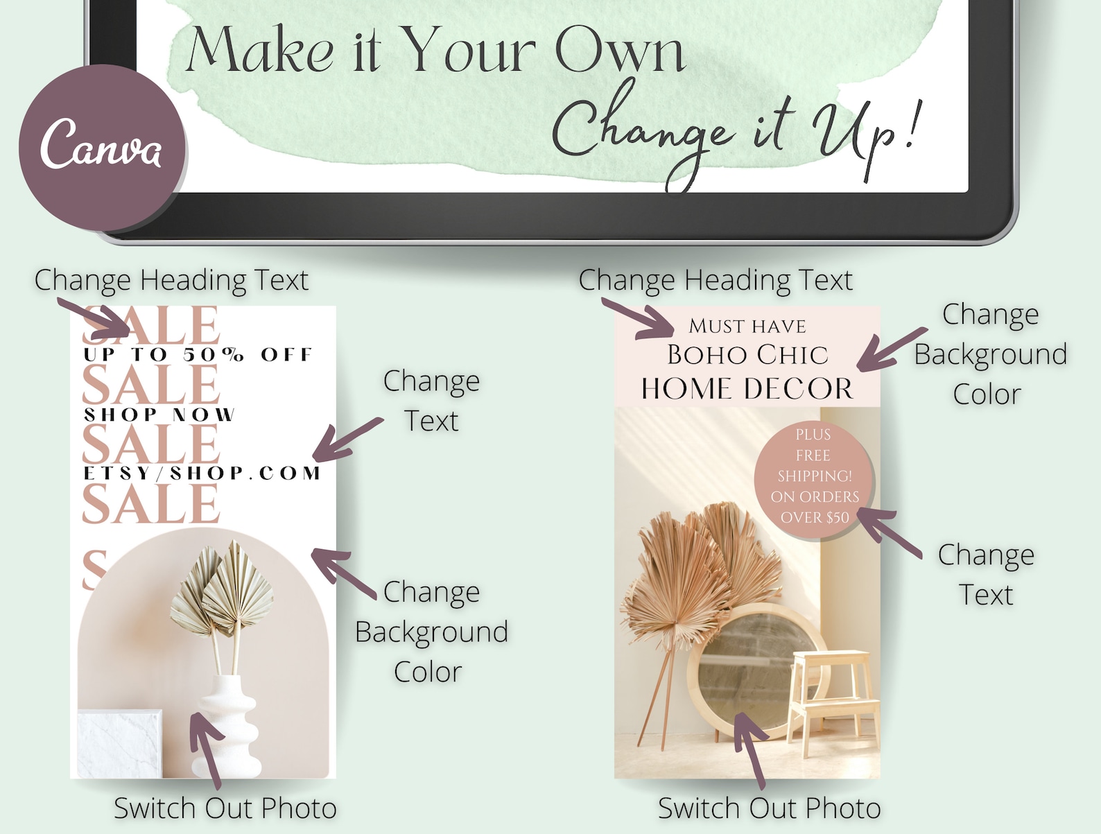 Etsy Shop Pinterest Pin Templates: Home Decor Canva Designs (digital ...