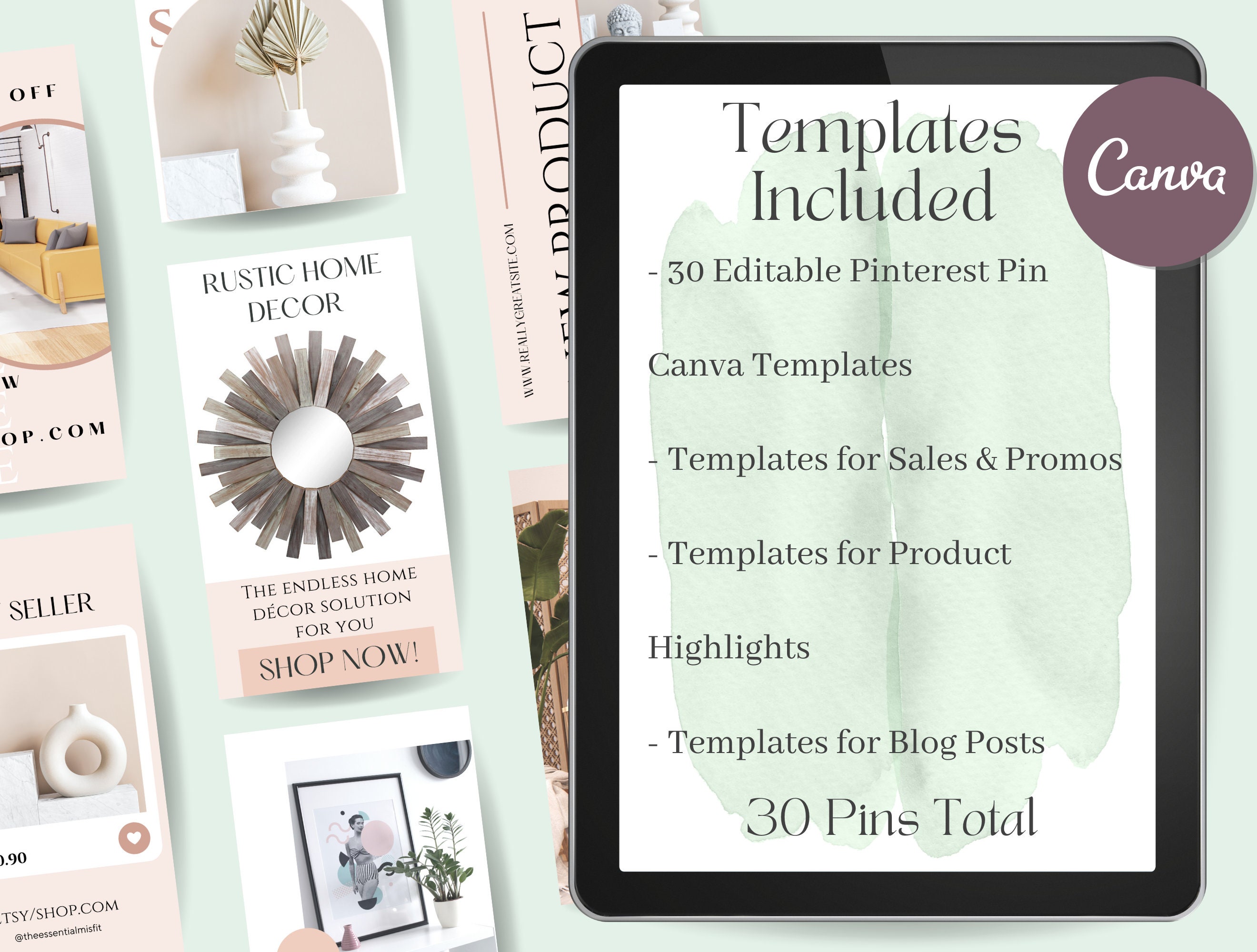 Etsy Shop Pinterest Pin Templates: Home Decor Canva Designs (digital ...