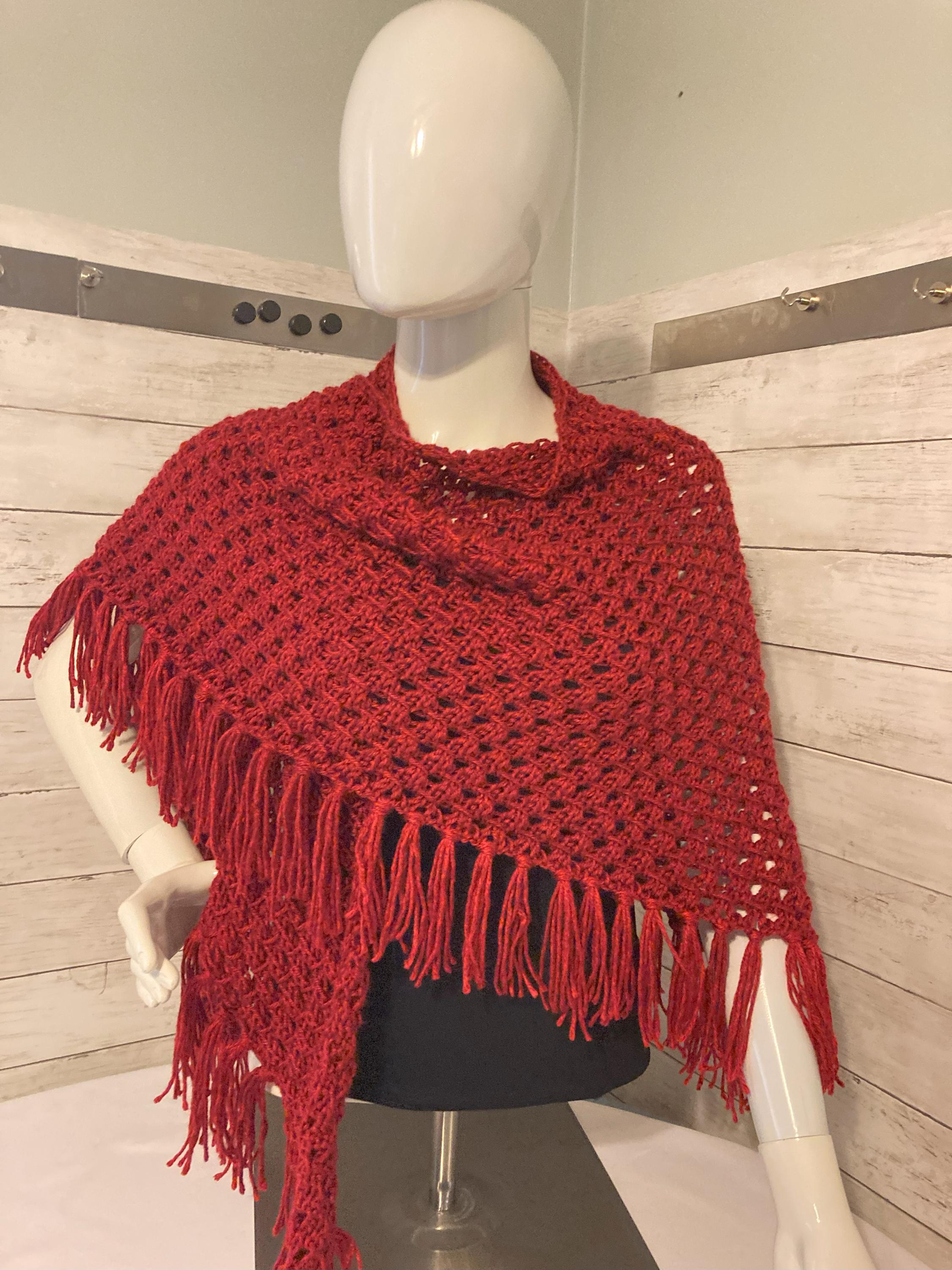 Red Knit Shawl With Fringe: Acrylic Redwood Color, Plus Size - Etsy