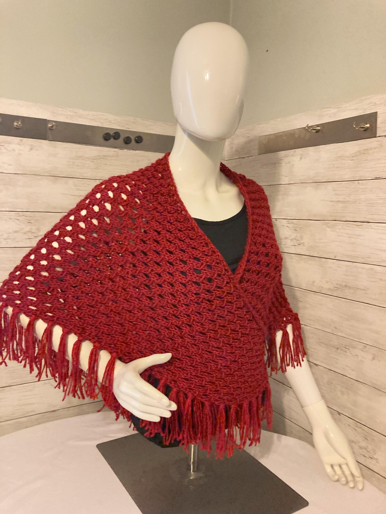 Red Knit Shawl With Fringe: Acrylic Redwood Color, Plus Size - Etsy