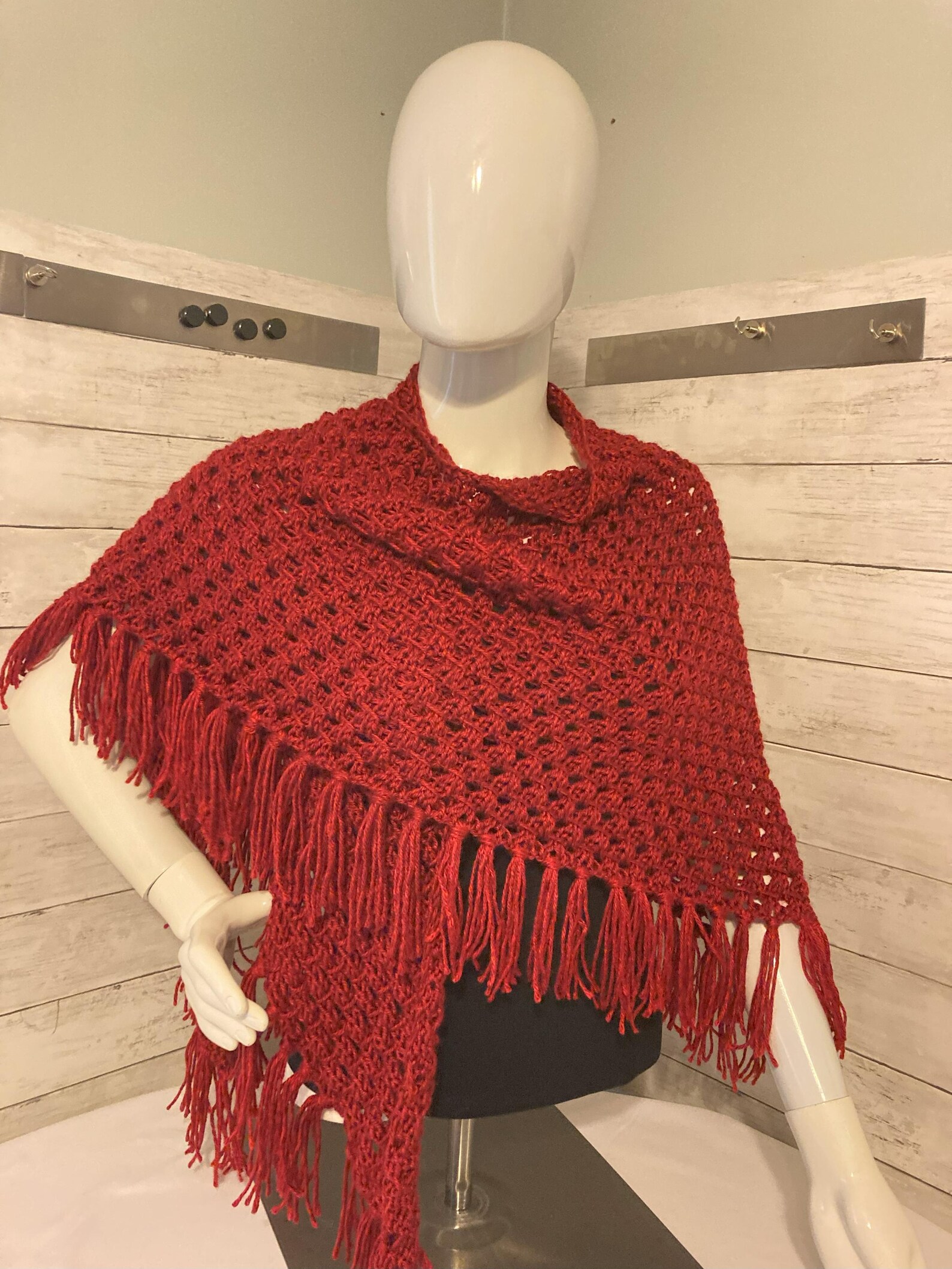 Red Knit Shawl With Fringe: Acrylic Redwood Color, Plus Size - Etsy
