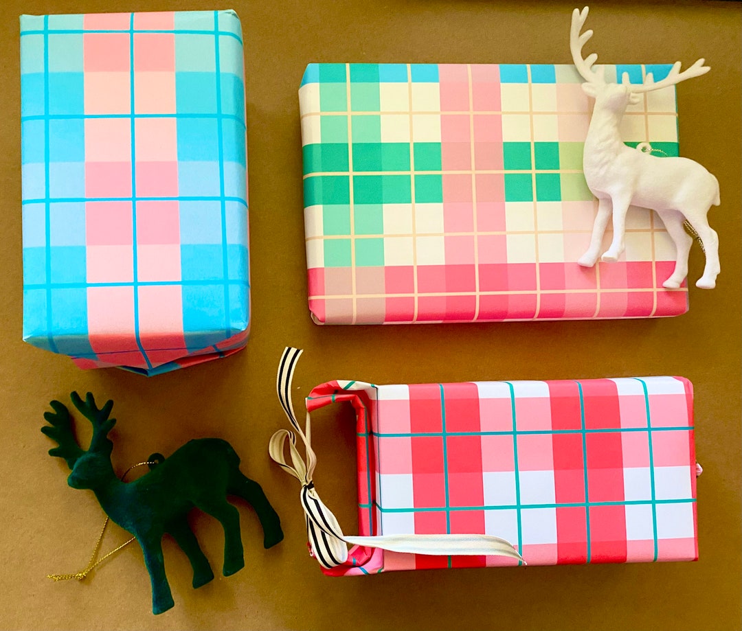 Holiday Festive Check Gift Wrap Sheet Set Plaid Buffalo Check Pattern ...