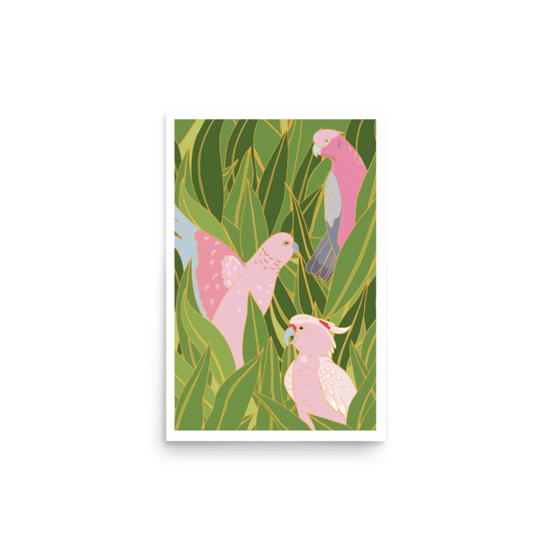 Pink Cockatoos Art Print Jungle Leaves Wall Art Pink Bird Decor Pink ...
