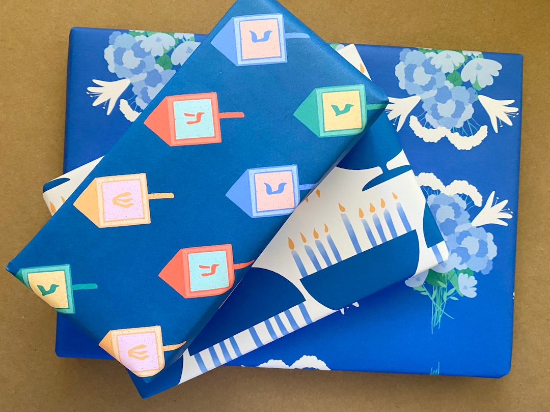 Happy Hanukkah Gift Wrap Hanukkah Wrapping Paper Set 3 Designs Blue and ...