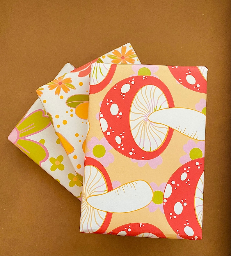 Retro 70s Gift Wrap Bundle Flowers Mushrooms Pink Green - Etsy