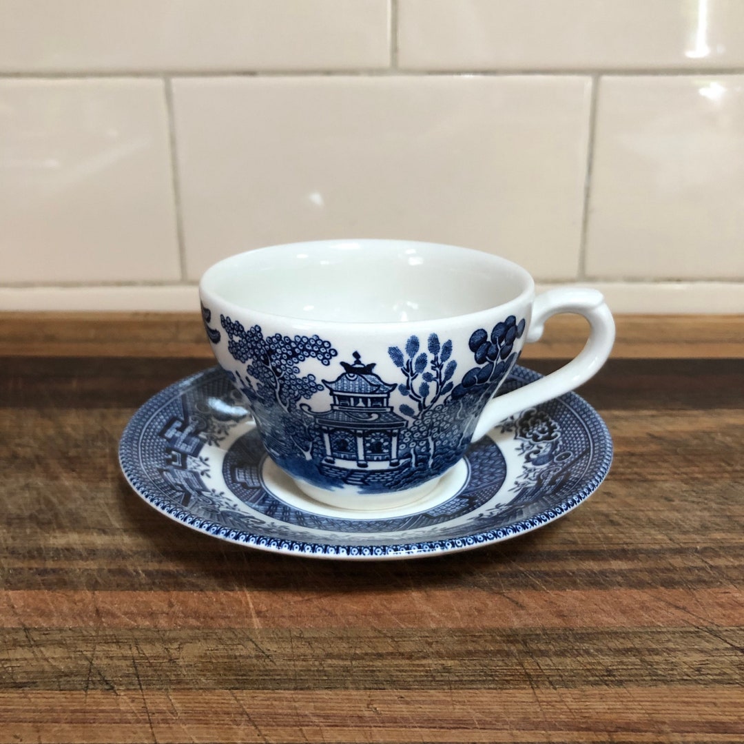 White and Blue, Willow Pattern, Churchill Pottery Stoneware Cup and ...