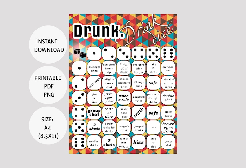 Drunk Dice Drinking Games For Adults Alcohol Game Printable Pdf
