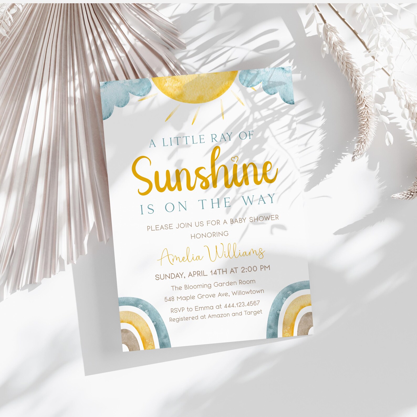 Sunshine Baby Shower Invitation, Boho Sun Gender Neutral Baby Sprinkle ...