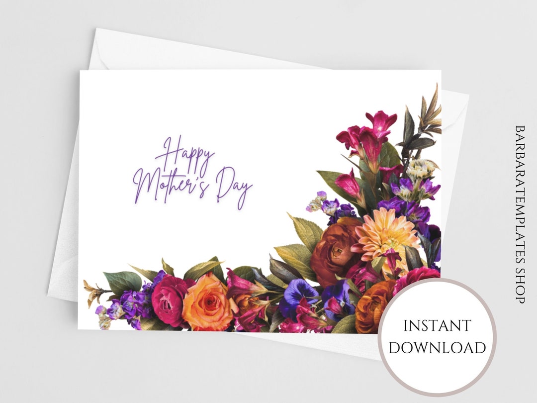 Happy Mothers Day Printable Folded Card Floral Card Instant - Etsy